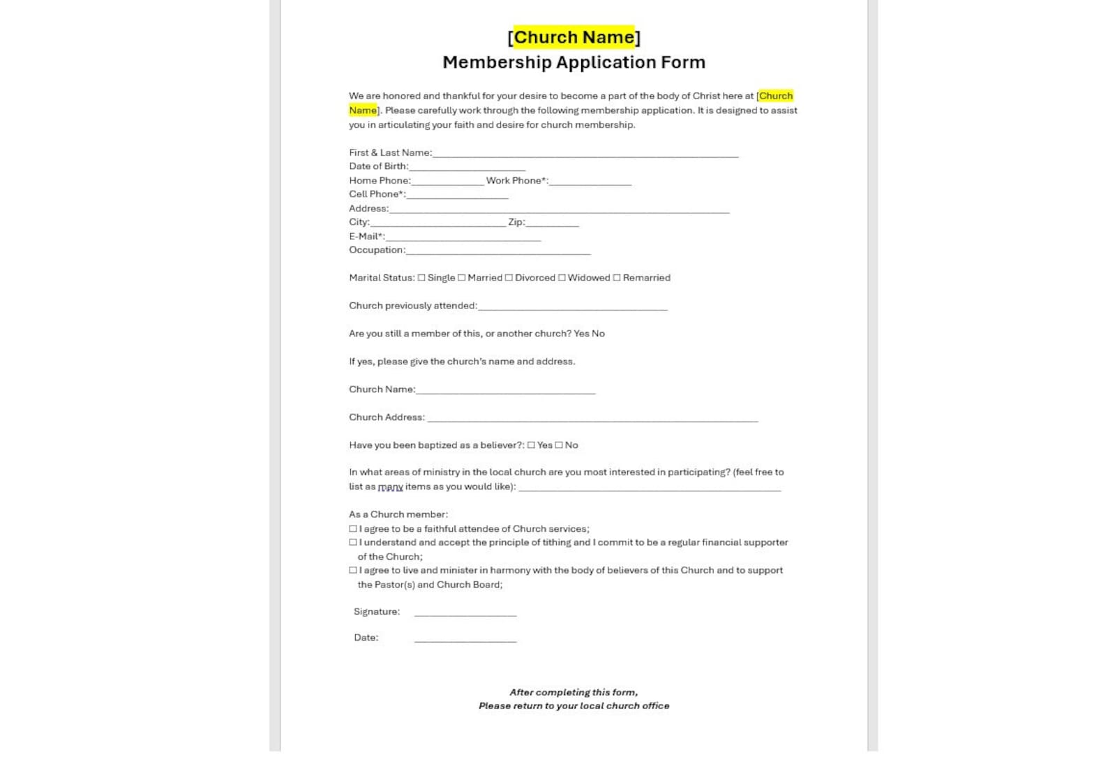 Church Membership Application Form Template, Application Form Template ...