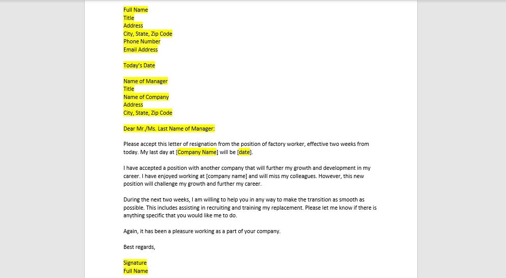 Factory Worker Resignation Letter Template, Resignation Letter ...
