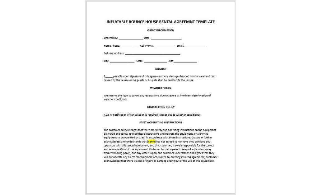 Bounce House Rental Agreement, Bounce House Rental Agreement Template ...