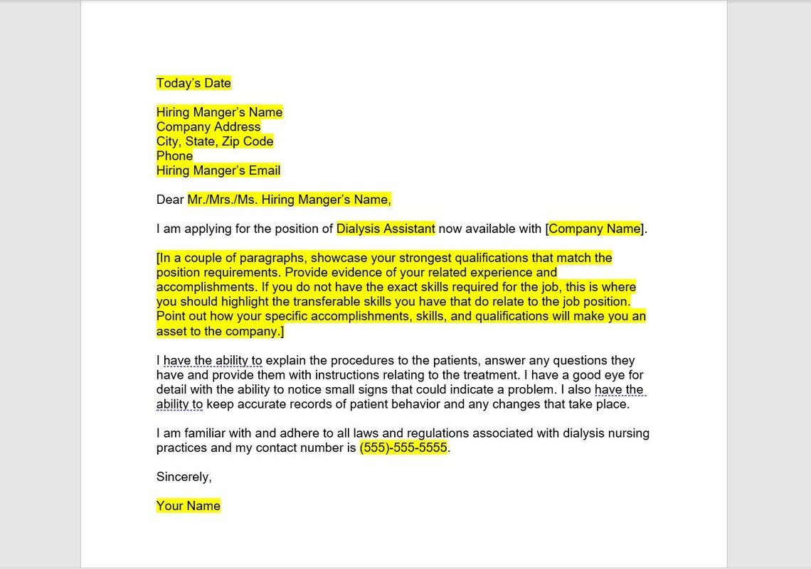 Dialysis Assistant Cover Letter, Cover Letter Template, Editable Cover ...