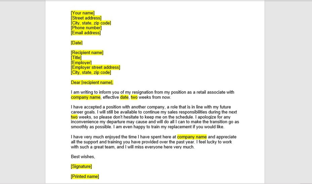 Retail Associate Resignation Letter Template, Resignation Letter ...