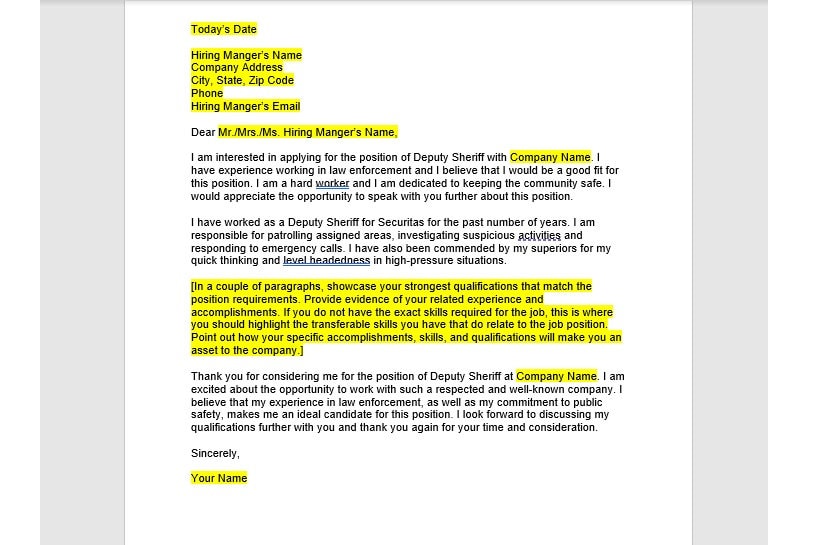 Deputy Sheriff Cover Letter, Cover Letter Template, Editable Cover ...
