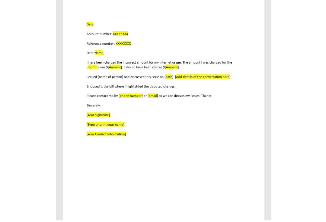 Editable Internet Bill Dispute Letter Template, Internet Bill Dispute ...