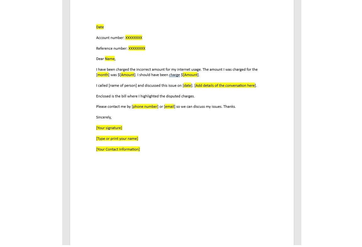Editable Internet Bill Dispute Letter Template, Internet Bill Dispute ...