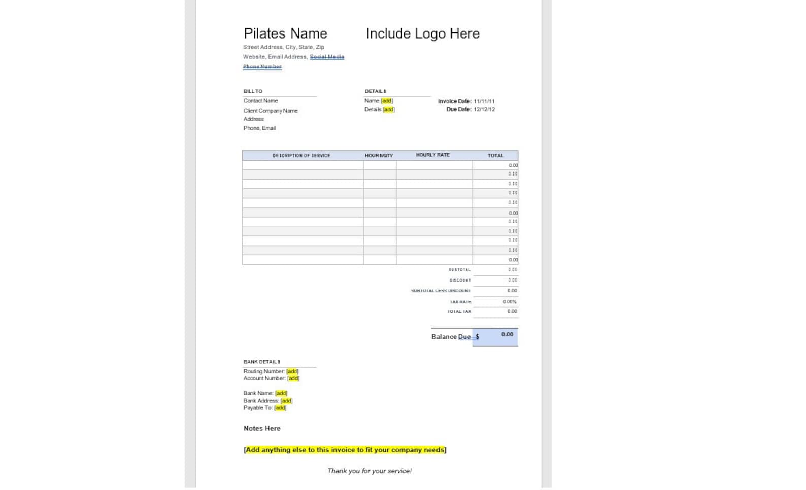 Editable Pilates Instructor Invoice Template, Pilates Instructor ...