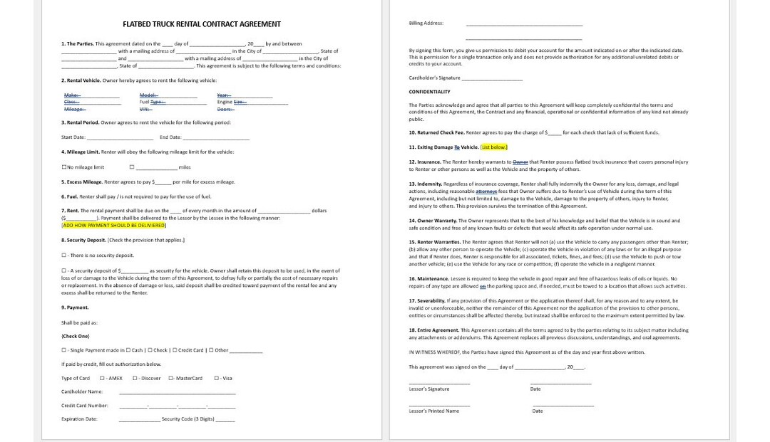 Flatbed Truck Rental Contract Agreement, Flatbed Truck Rental Contract ...