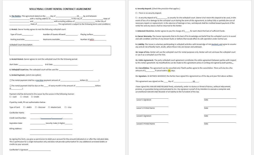 Editable Volleyball Court Rental Contract Agreement, Volleyball Court ...