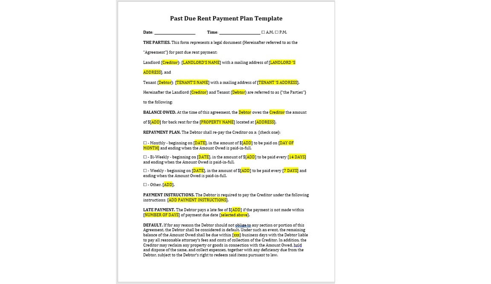 Editable Past Due Rent Payment Plan Template, Past Due Payment Plan ...