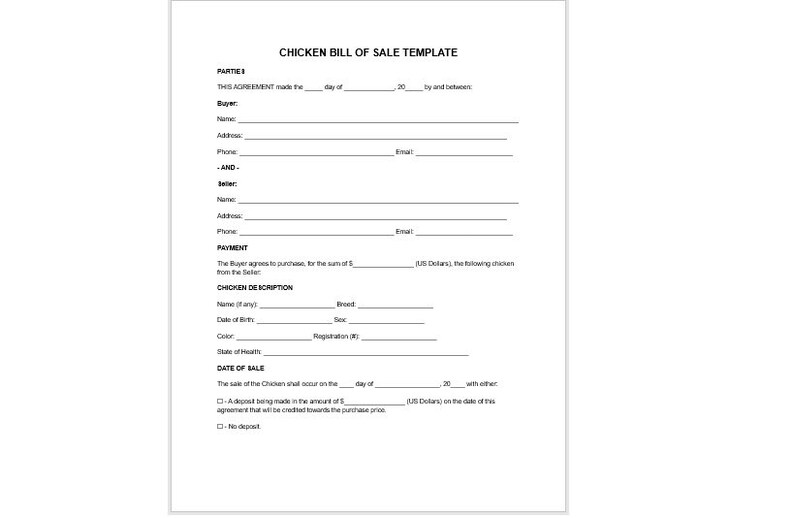Editable Chicken Bill of Sale Template, Editable Bill of Sale, Bill of ...