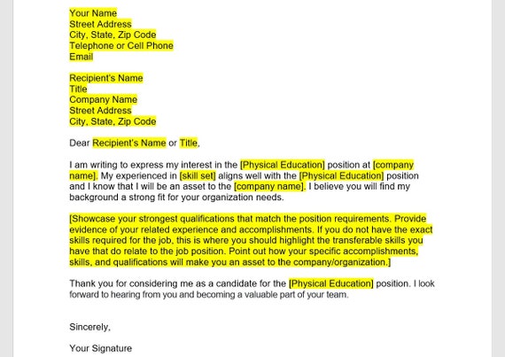 Physical Education Teacher Cover Letter Cover Letter - Etsy