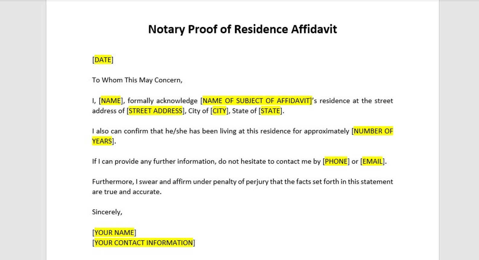 Notary Proof of Residence Form, Proof of Residence Form Template, Proof ...