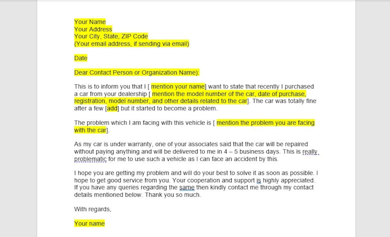 Complaint Letter to Car Dealership, Complaint Letter Template Letter ...