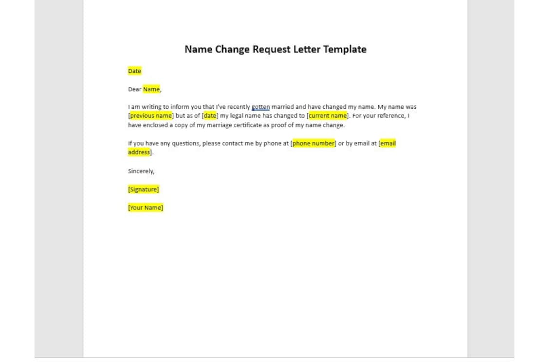 Editable Name Change Request Letter Template, Name Change Letter ...