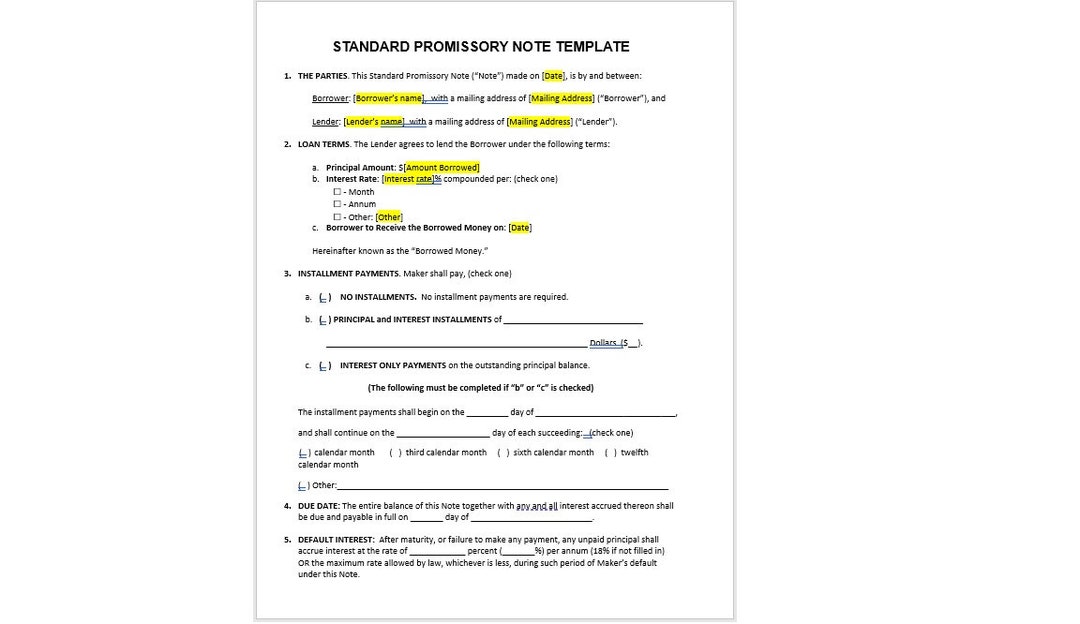 Standard Promissory Note, Standard Promissory Note Template, Promissory ...
