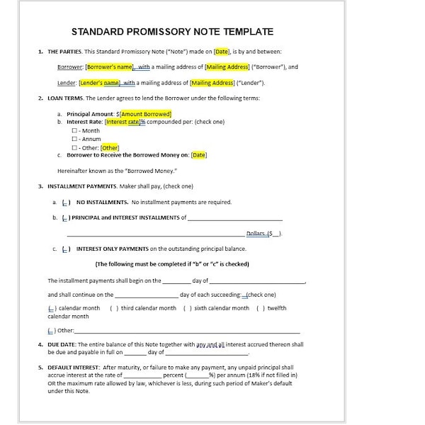 Promissory Note Template - Etsy