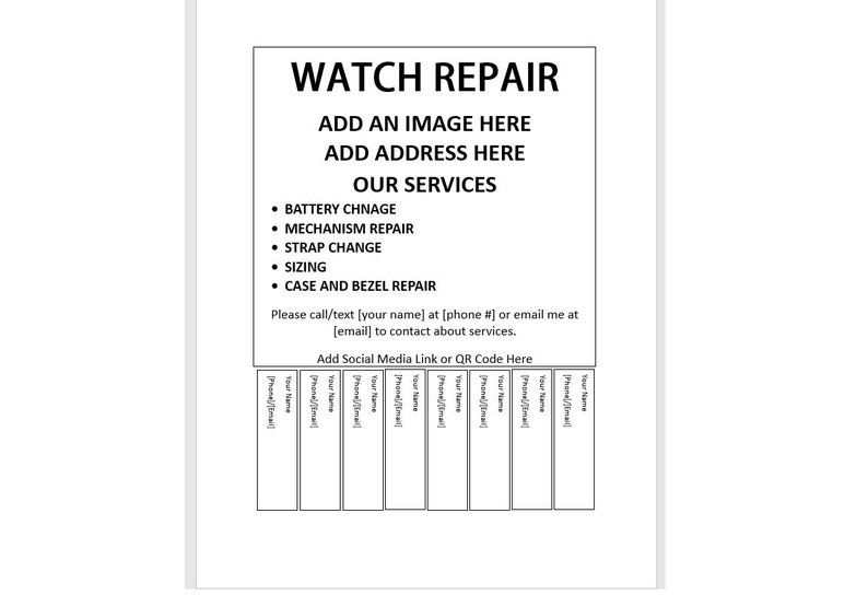 Editable Watch Repair Tear-off Flyer, Watch Repair Ad, Tear-off Flyer ...