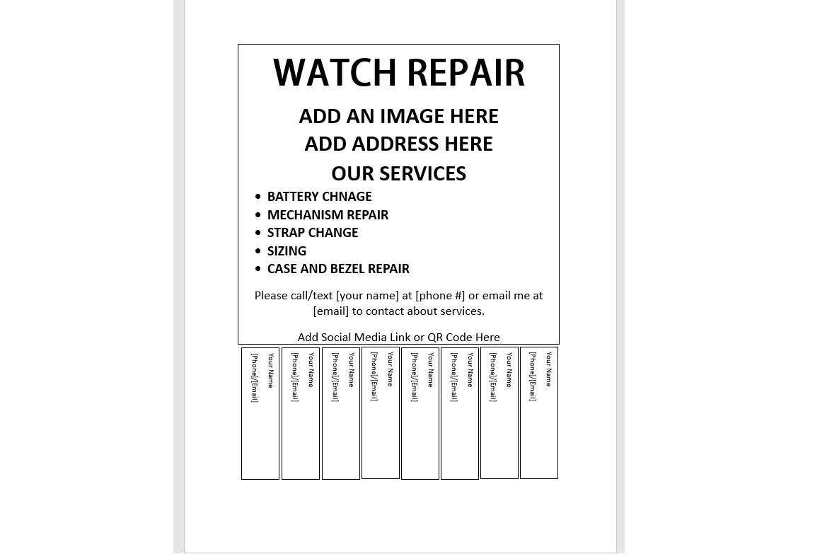 Editable Watch Repair Tear-off Flyer, Watch Repair Ad, Tear-off Flyer ...