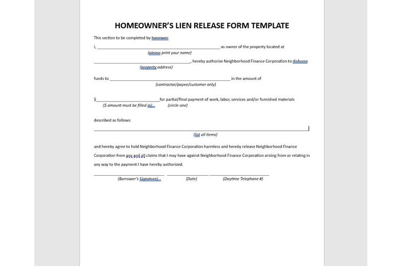 Editable Homeowner Lien Release, Homeowner Lien Release Form Template ...