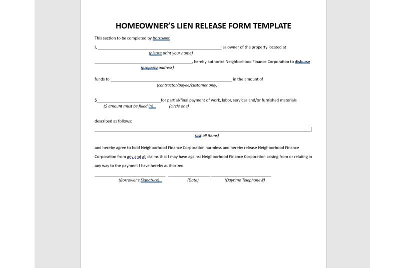 Editable Homeowner Lien Release, Homeowner Lien Release Form Template ...