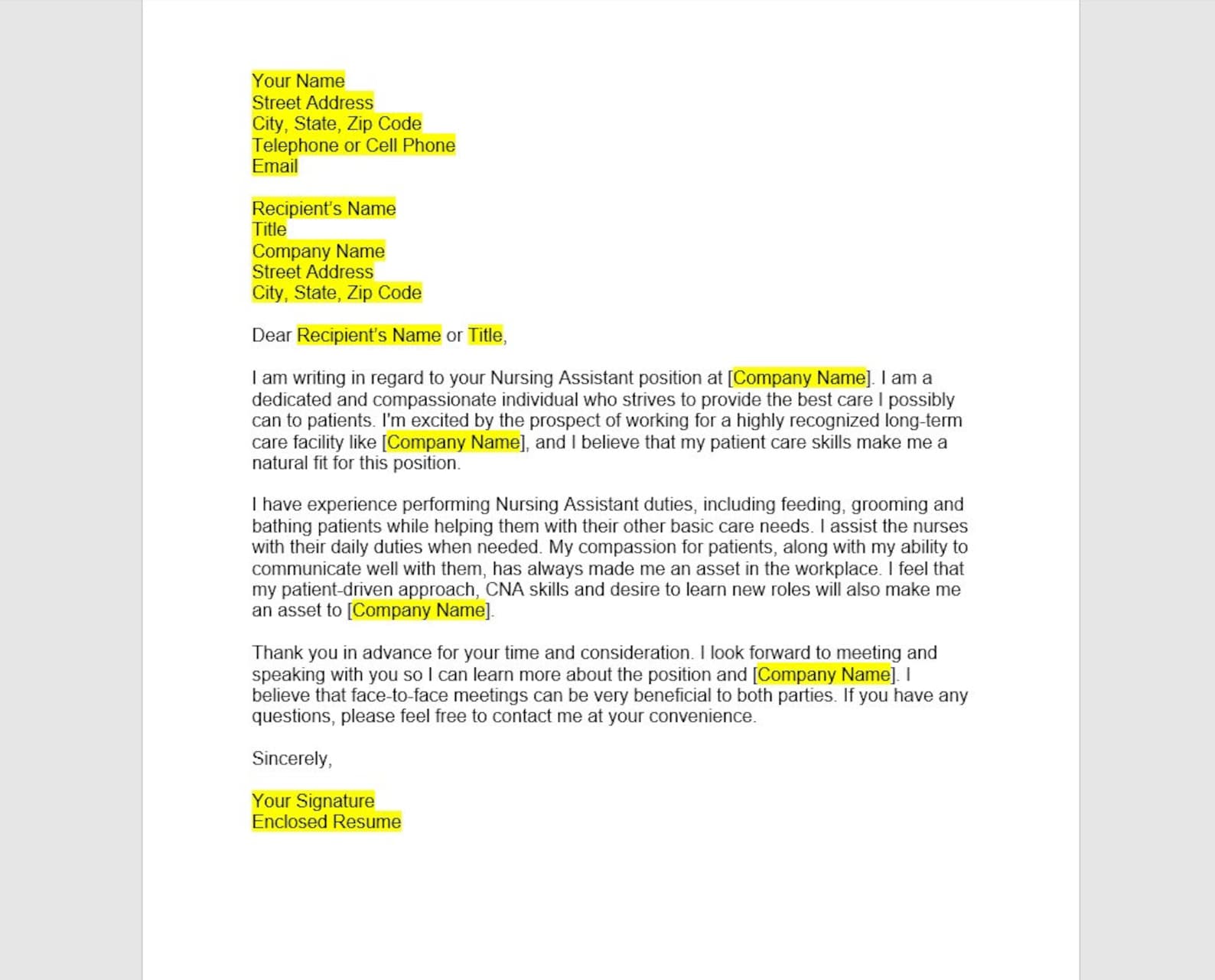 Certified Nursing Assistant, CNA Cover Letter, Cover Letter Template ...