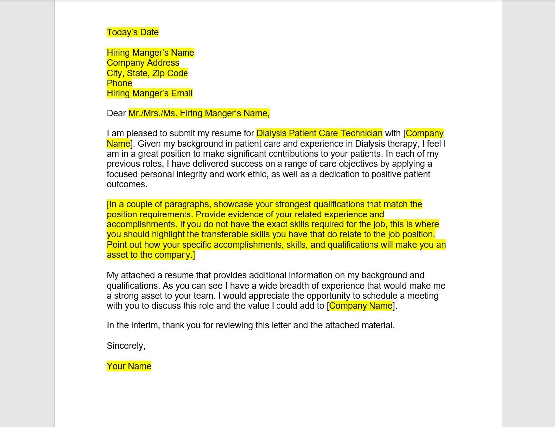 Dialysis Patient Care Technician Cover Letter, Cover Letter Template ...