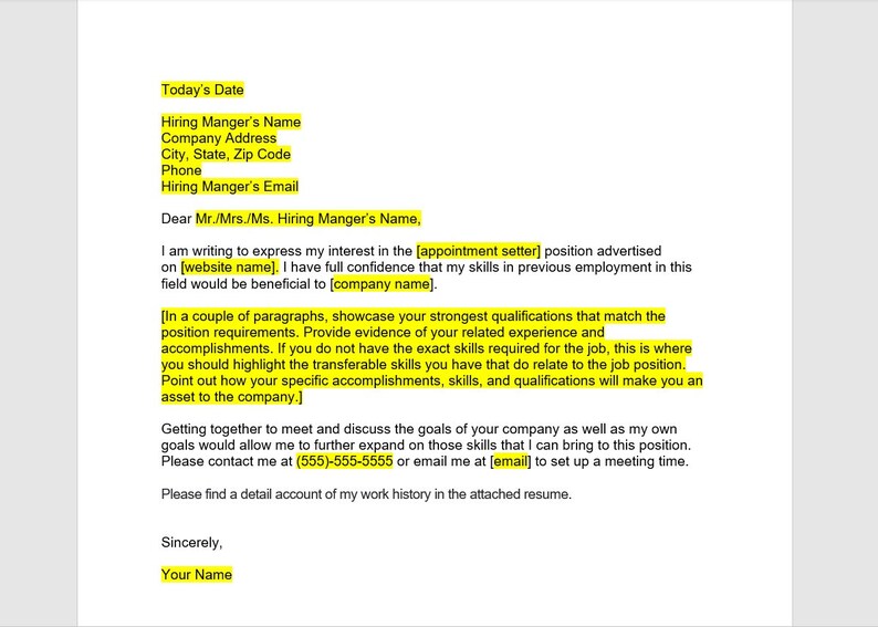 Appointment Setter Cover Letter, Cover Letter Template, Editable Cover ...