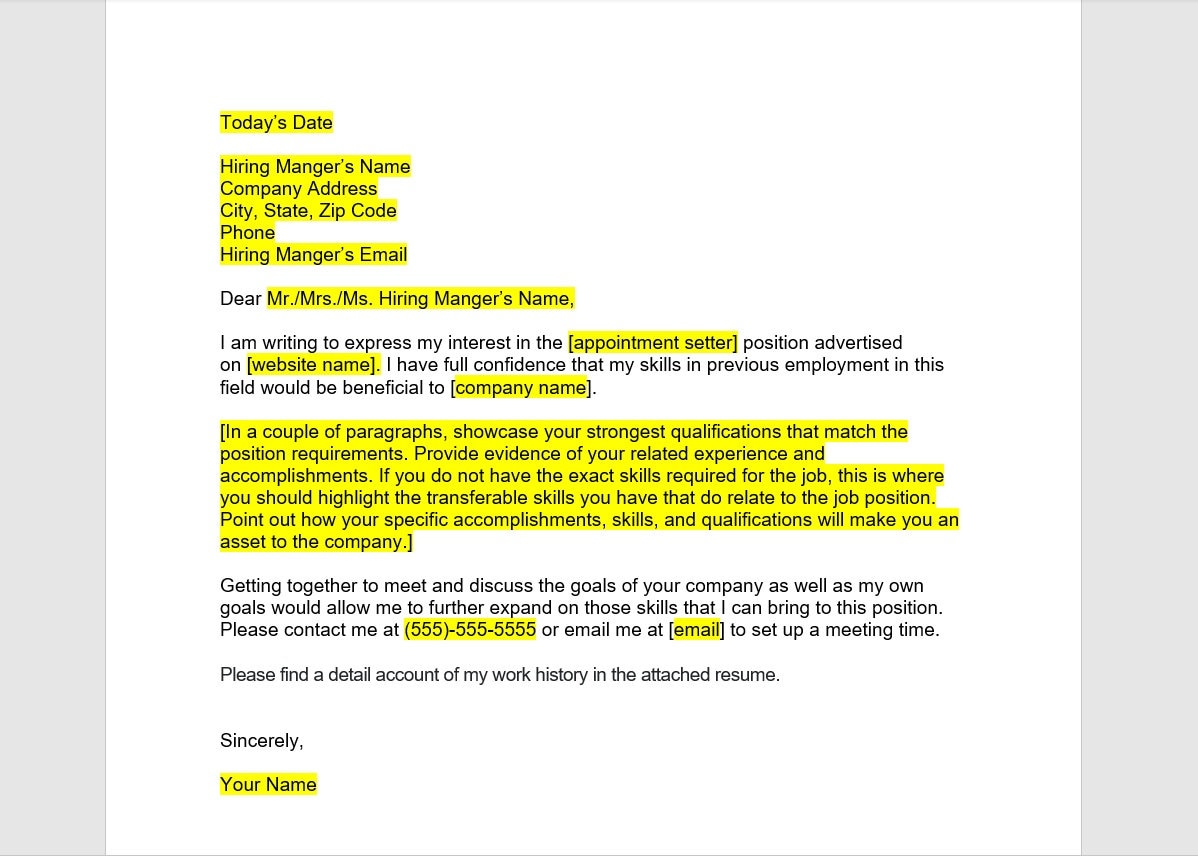 Appointment Setter Cover Letter, Cover Letter Template, Editable Cover ...