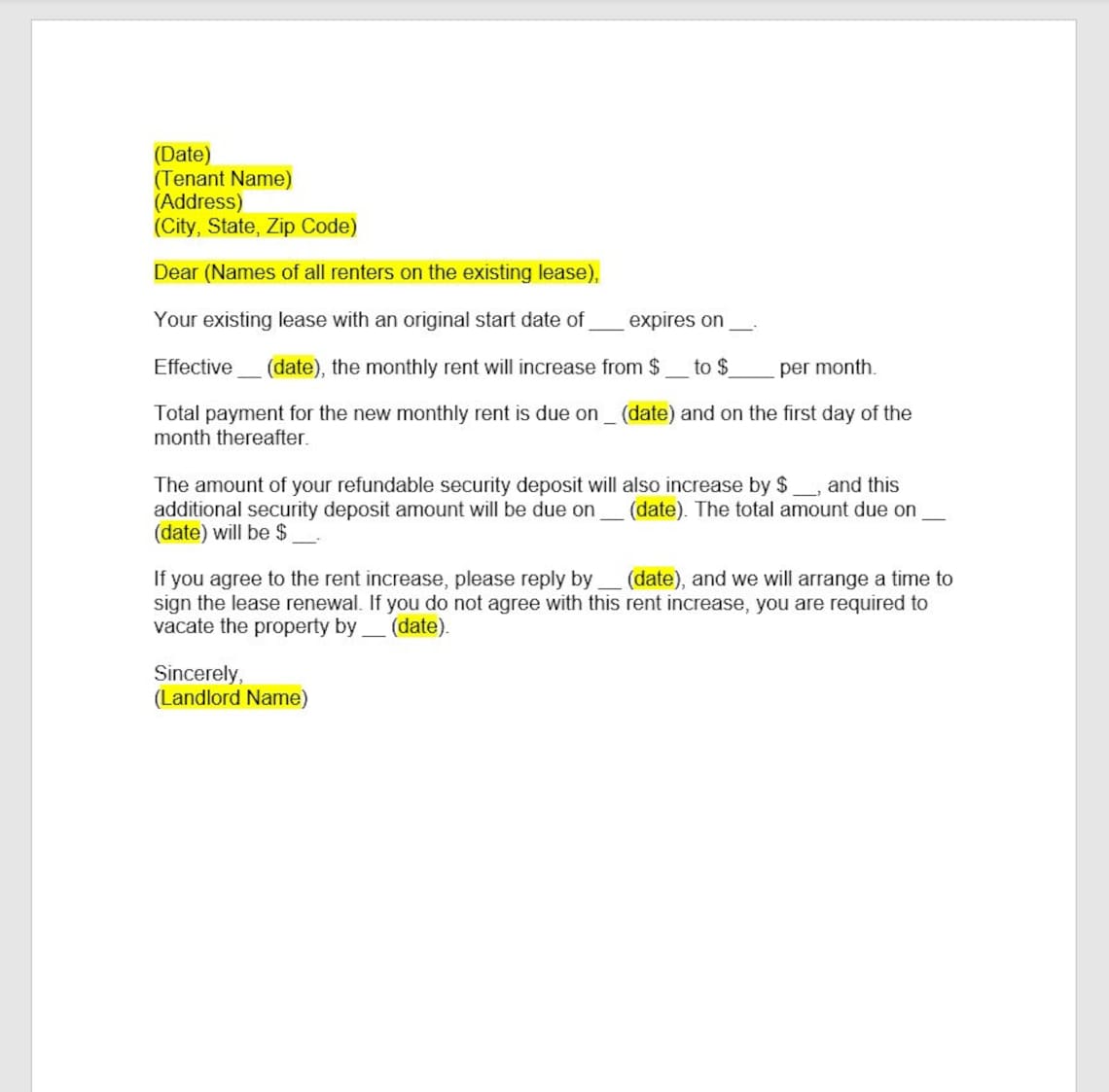 Landlord Rent Increase Letter Template, Rent Increase Letter, Rent ...