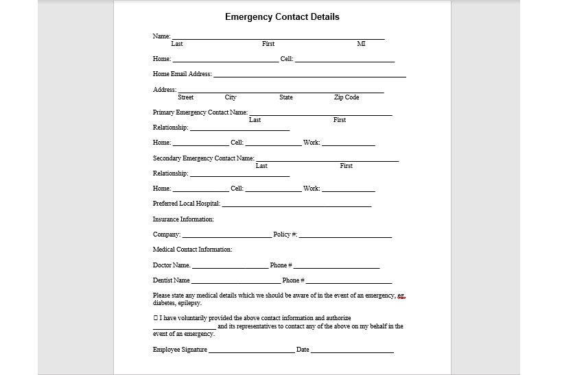 Emergency Contact Details Form, Emergency Contact Form Template ...