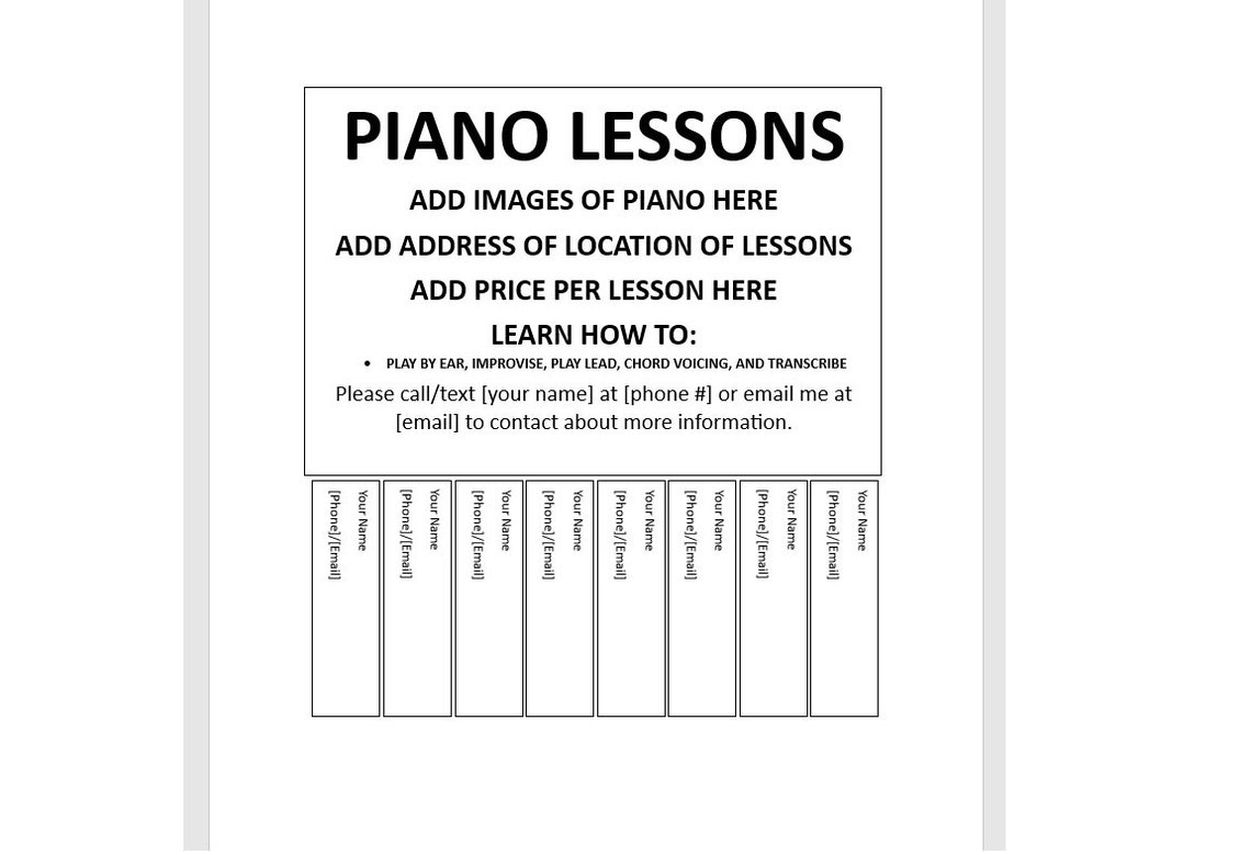 Editable Piano Lessons Tear-off Flyer, Piano Lessons Tear-off Flyer ...