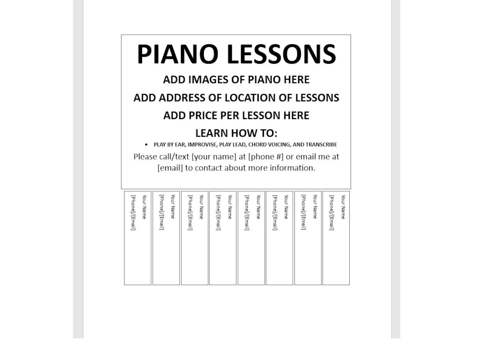 Editable Piano Lessons Tear-off Flyer, Piano Lessons Tear-off Flyer ...