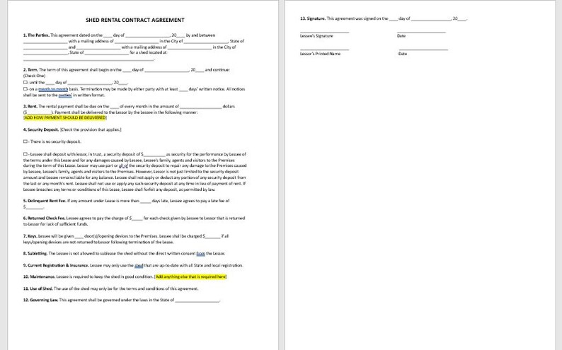 Editable Shed Space Rental Agreement, Shed Space Rental Agreement ...