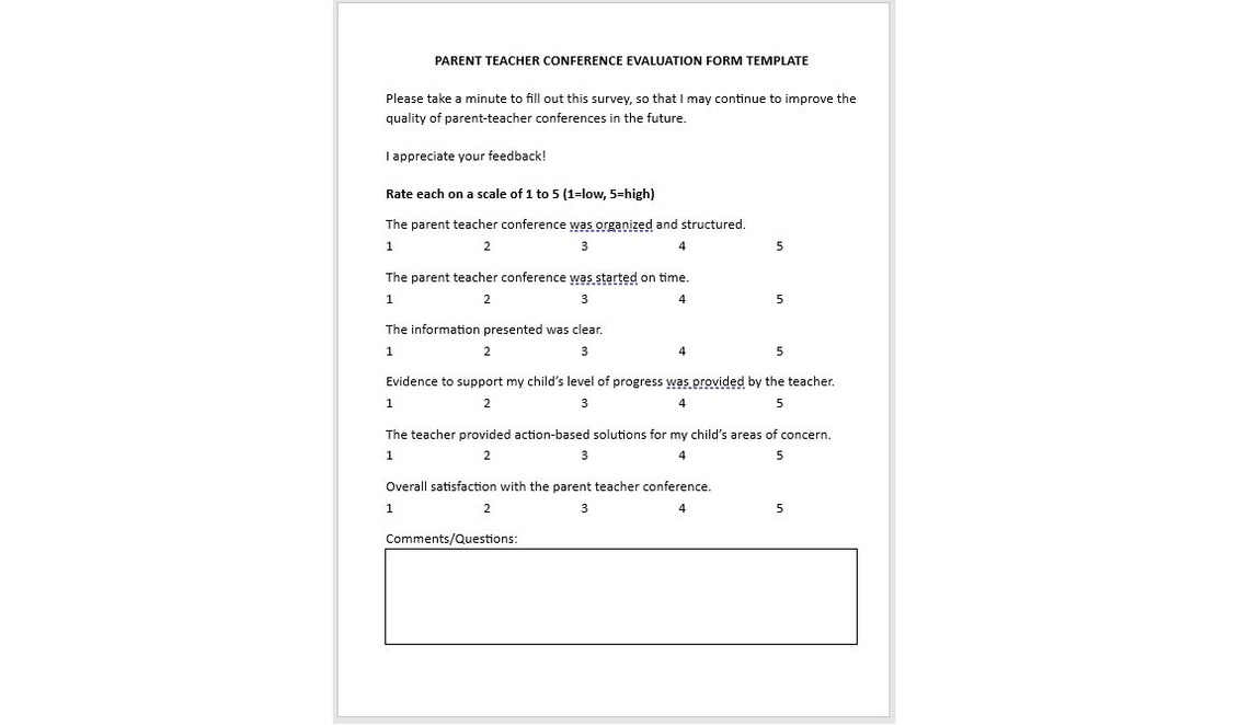 Editable Parent Teacher Conference Evaluation Template, Parent Teacher ...