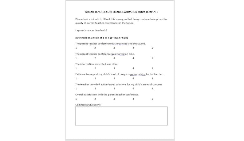 Editable Parent Teacher Conference Evaluation Template, Parent Teacher ...
