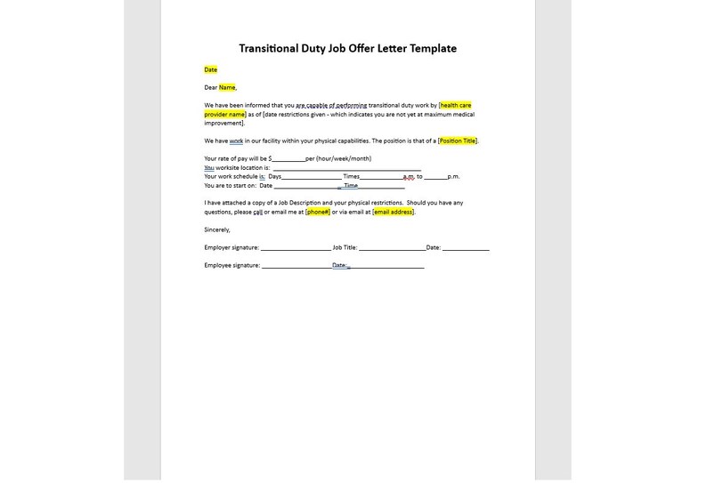 Editable Transitional Duty Job Offer Letter Template, Transitional Duty ...