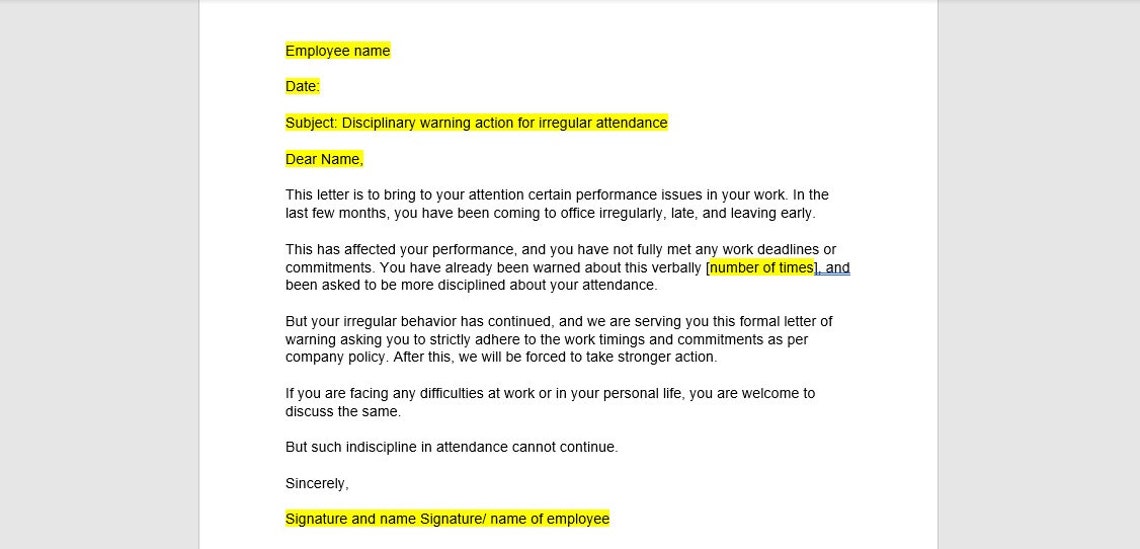 Attendance Warning Letter, Employee Warning Letter Template, Employee ...