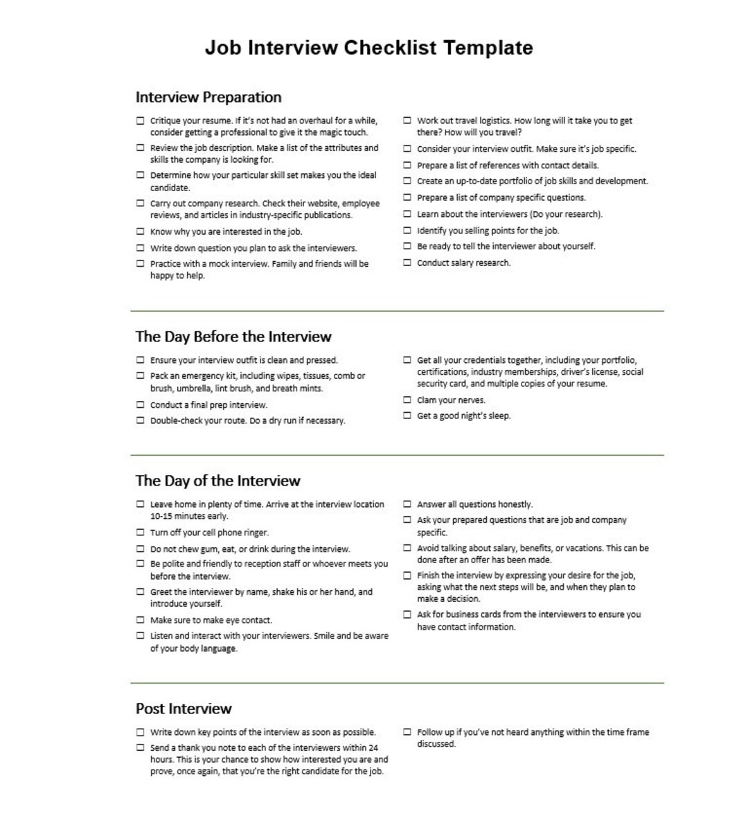 Interview Checklist for Job Template, Interview Checklist for Job, Word ...