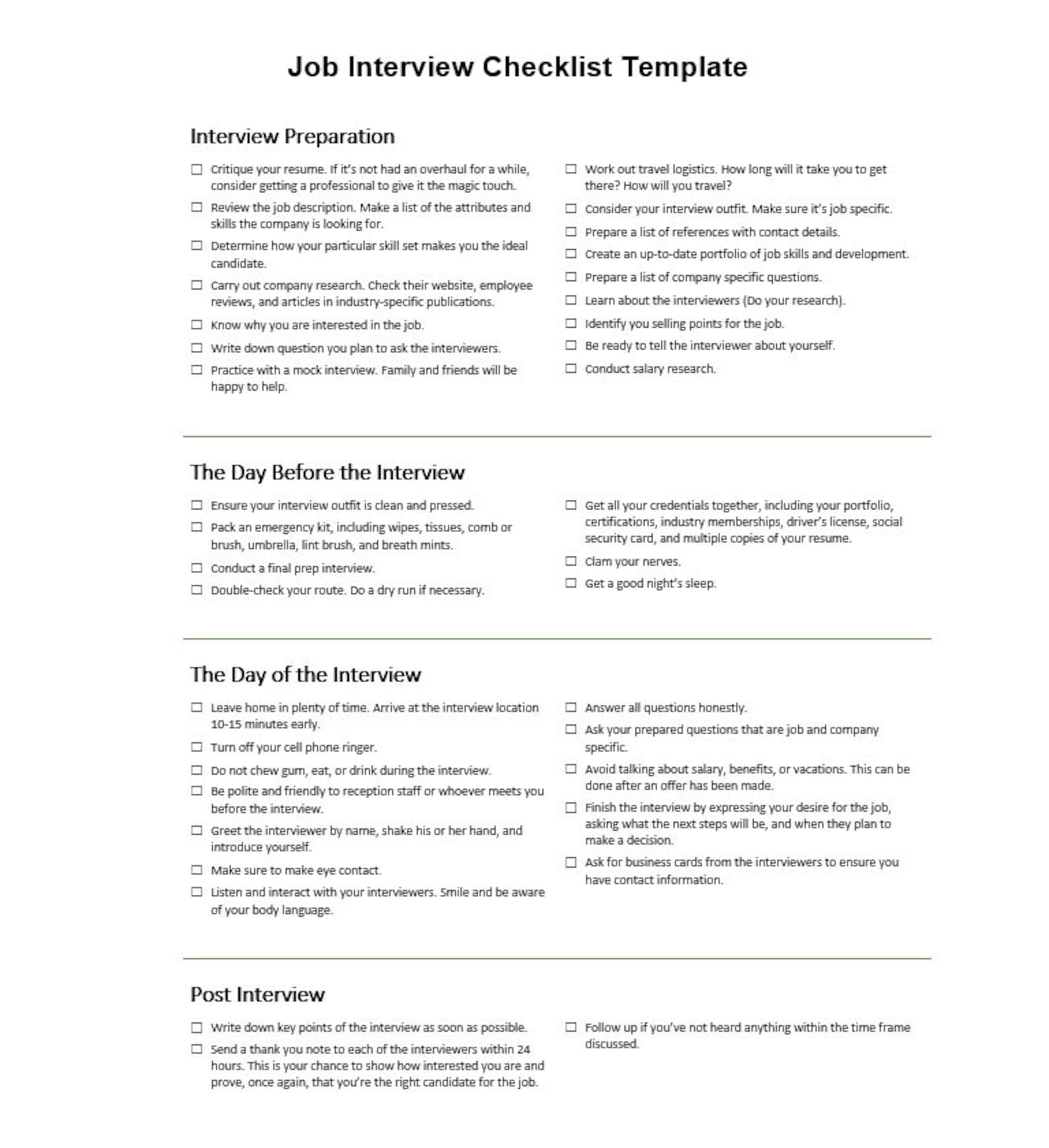 Interview Checklist for Job Template, Interview Checklist for Job, Word ...