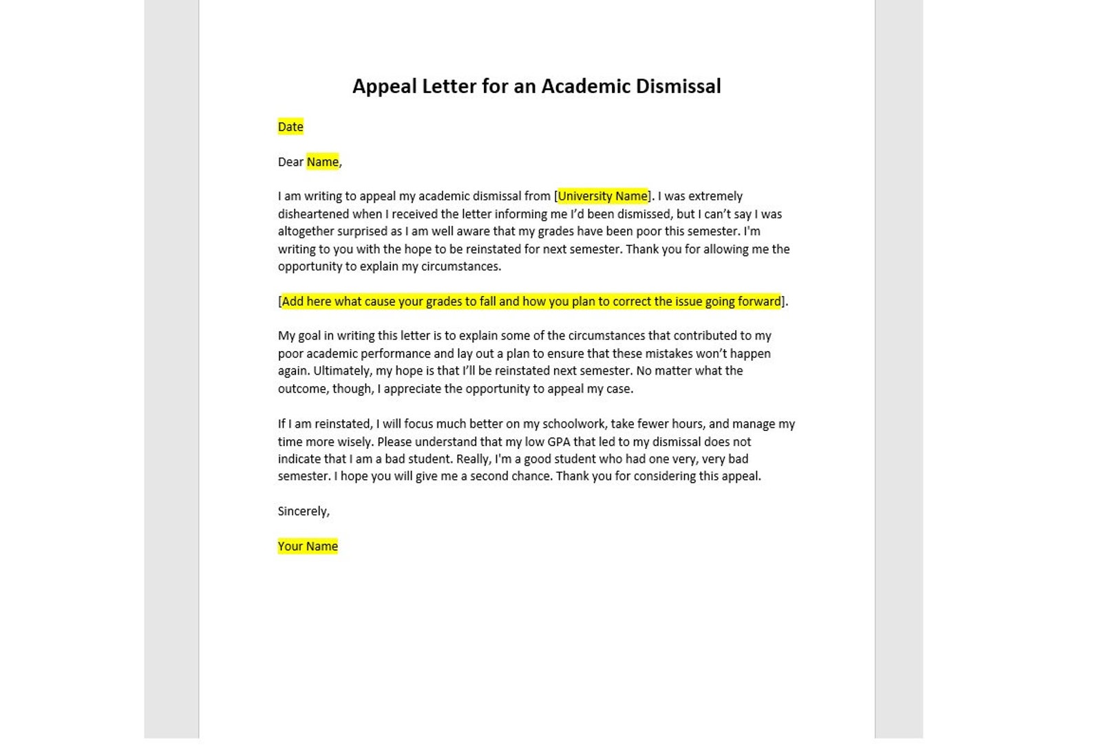 Academic Dismissal Appeal Letter, Academic Dismissal Appeal Letter ...