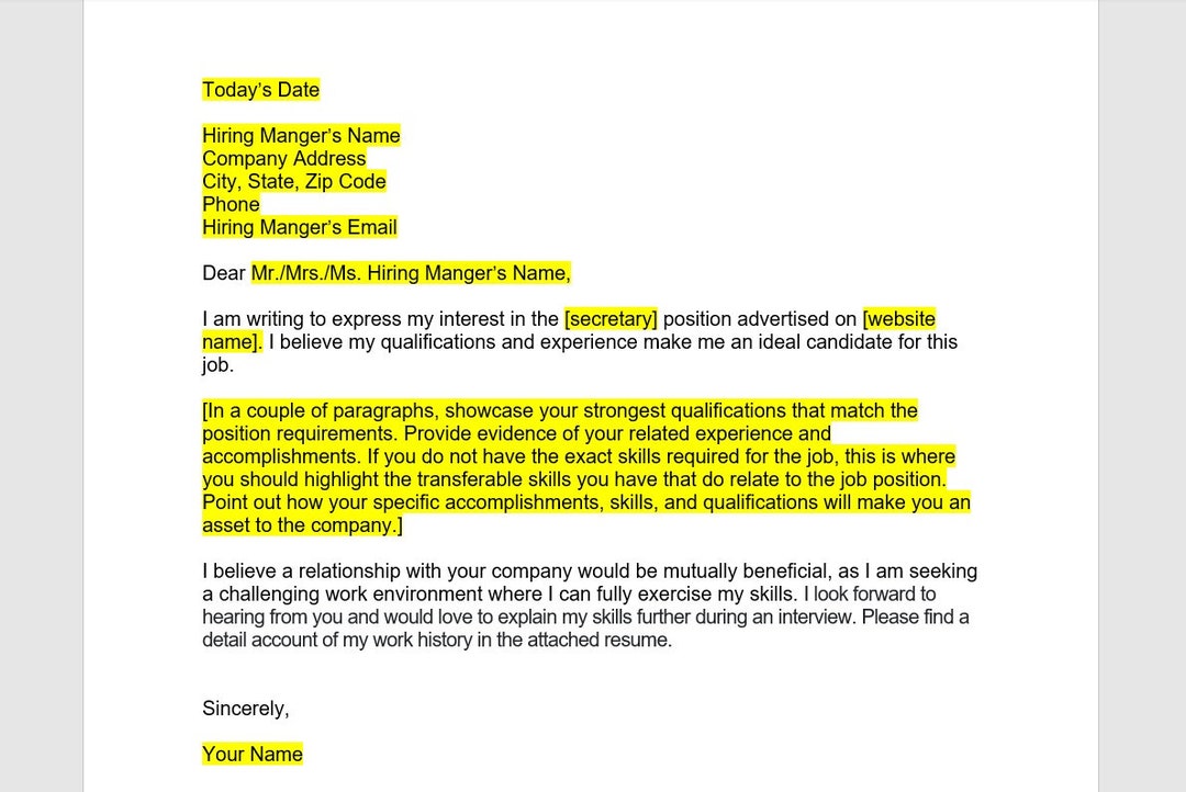 Secretary Cover Letter, Cover Letter Template, Editable Cover Letter ...