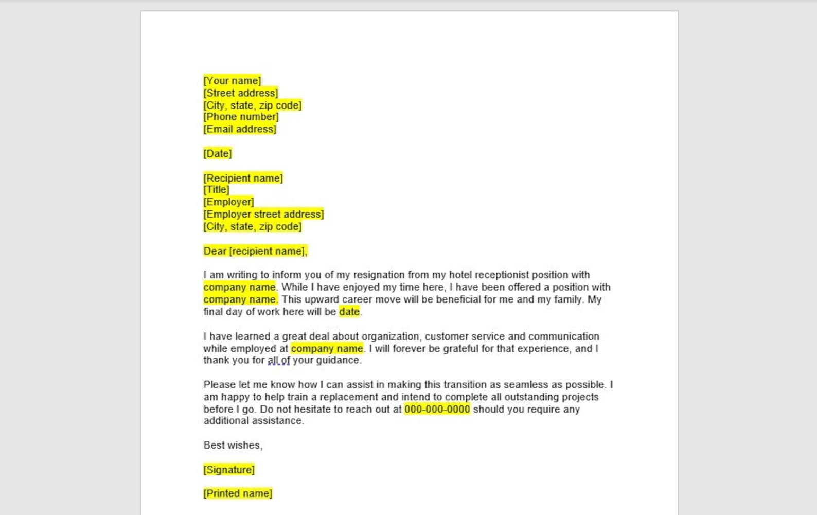 Hotel Receptionist Resignation Letter Template, Resignation Letter ... Hotel Receptionist Resignation Letter Template, Resignation Letter ...