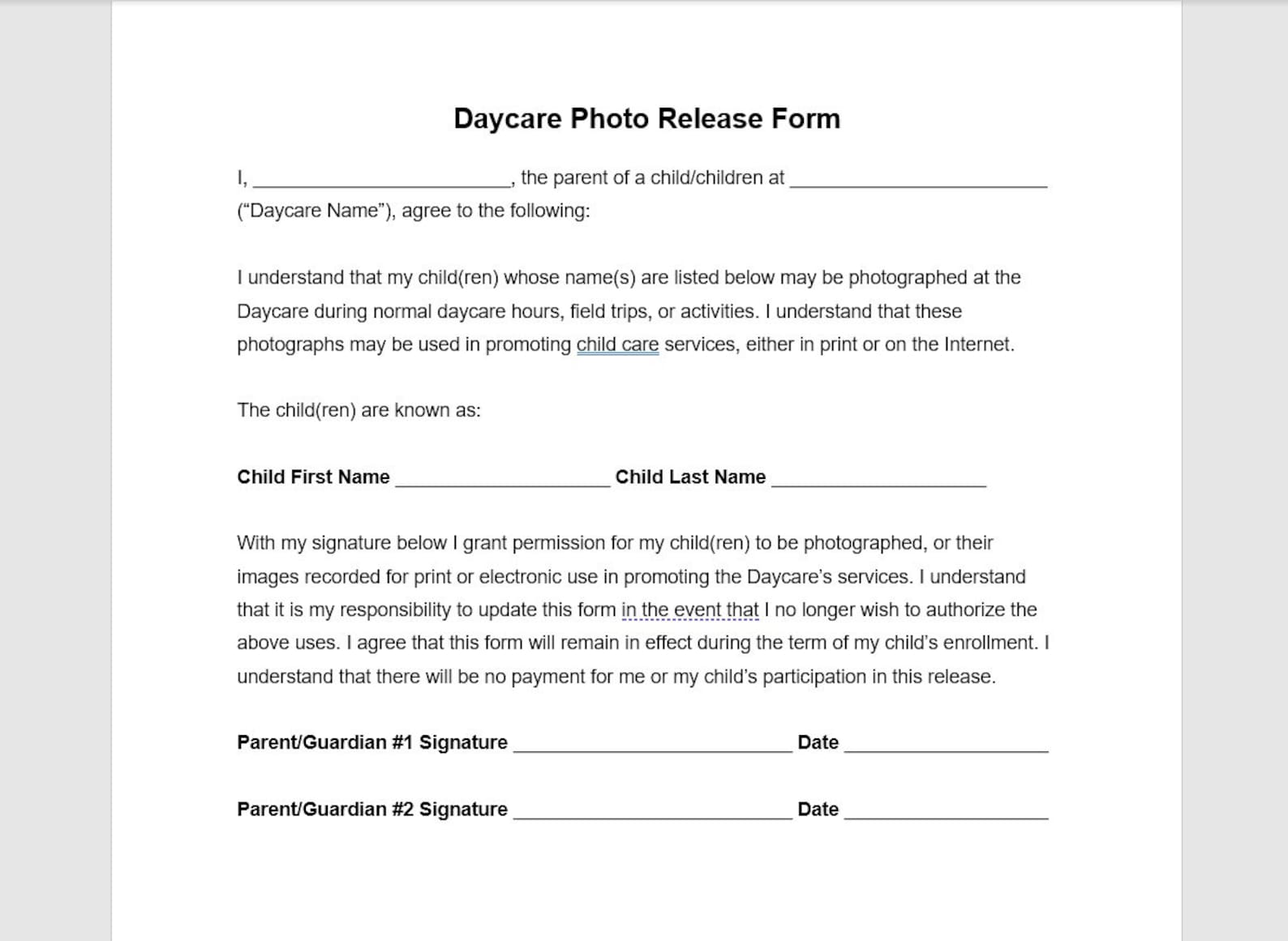 Daycare Photo Release Form, Daycare Photo Release Form Template, Child ...