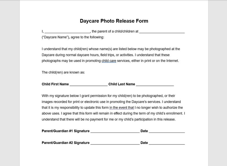 Daycare Photo Release Form, Daycare Photo Release Form Template, Child ...