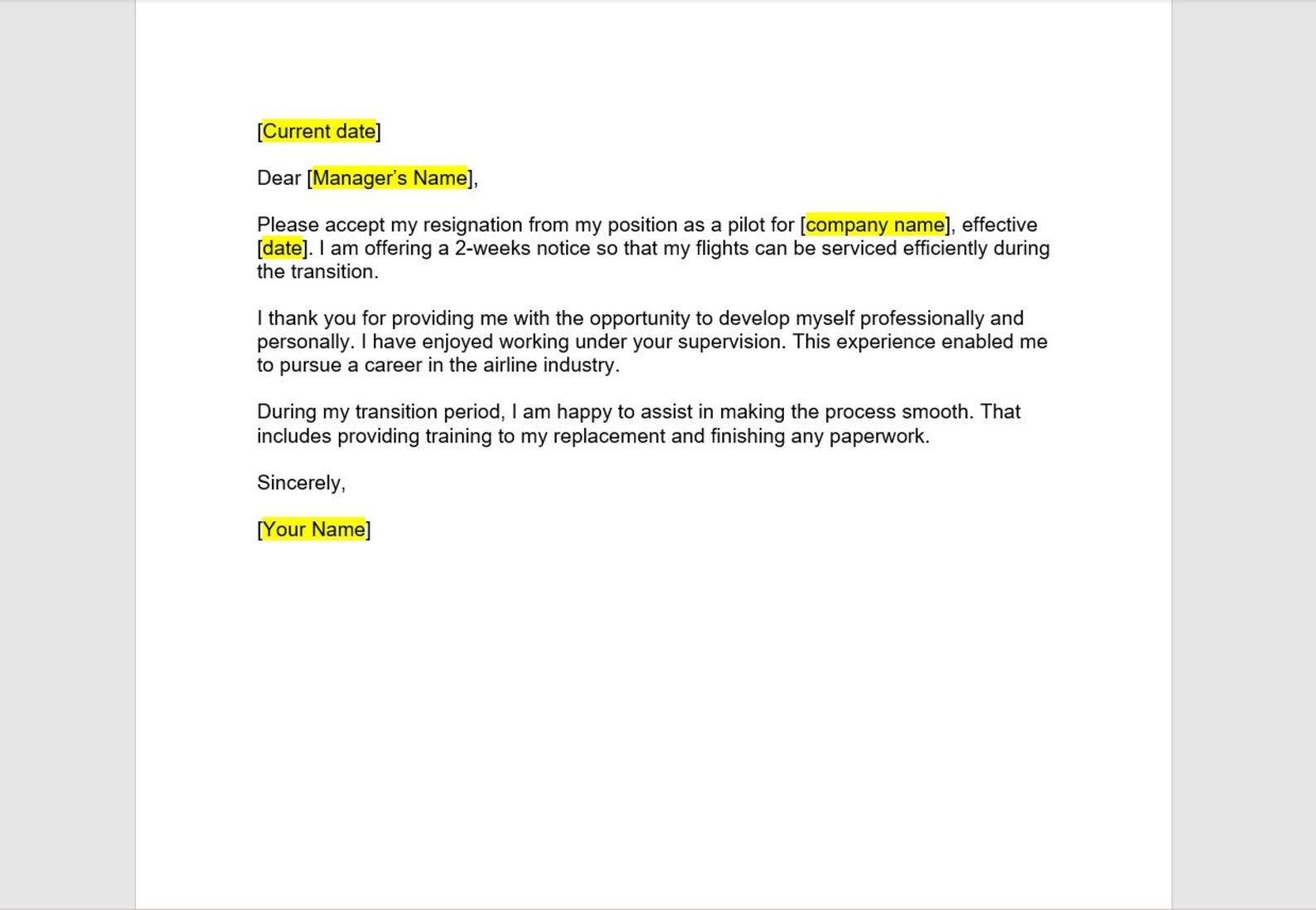 Plantilla de carta de renuncia de piloto de aerolínea, carta de ...