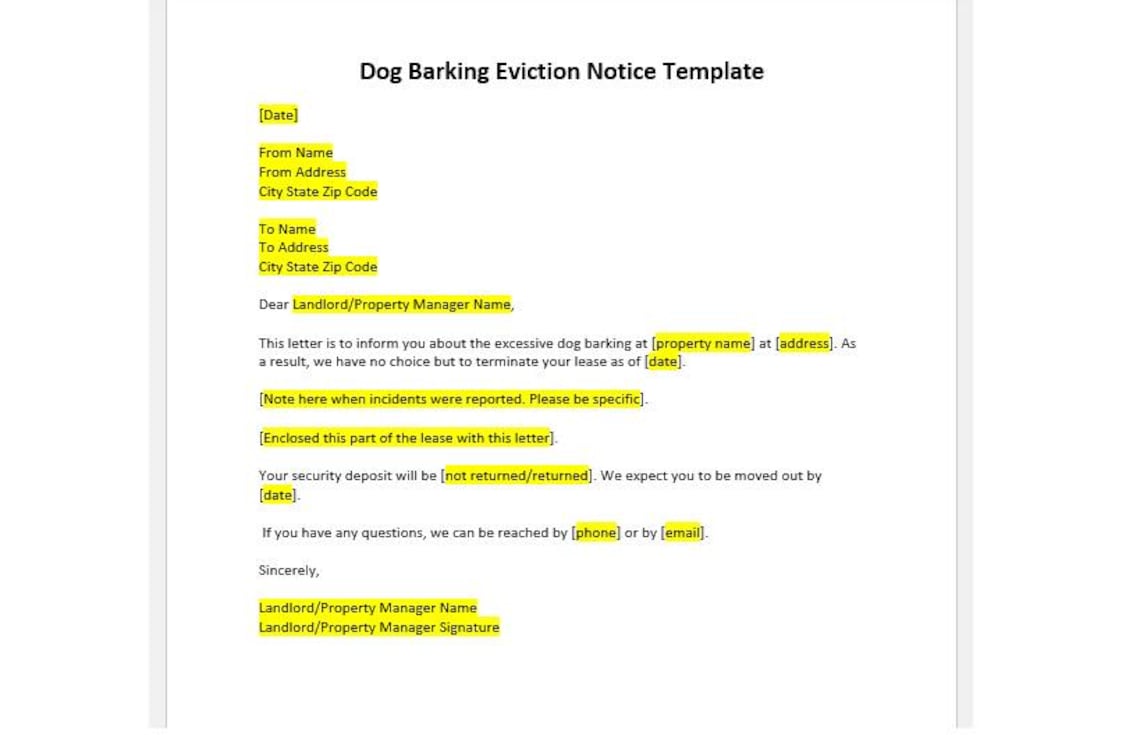 Dog Barking Tenant Eviction Notice Letter Template, Eviction Notice ...