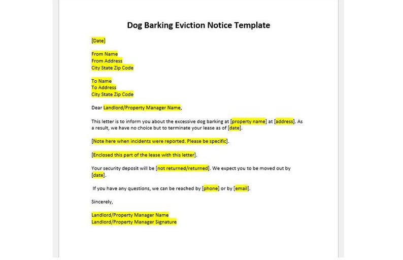Dog Barking Tenant Eviction Notice Letter Template, Eviction Notice ...