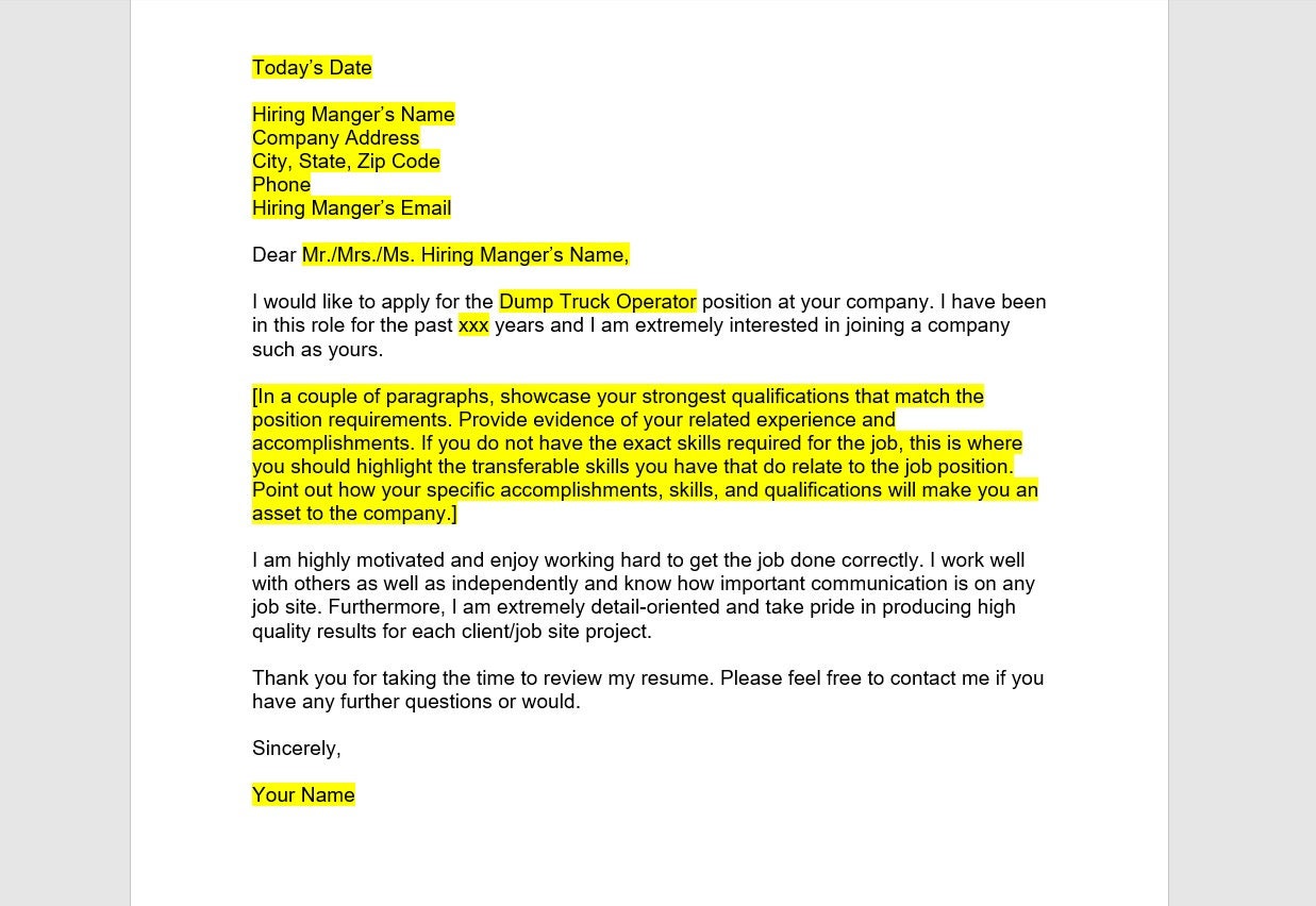 Dump Truck Operator Cover Letter, Cover Letter Template, Editable Cover ...