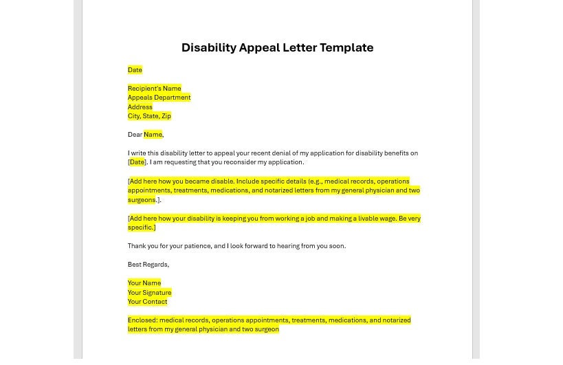 Editable Disability Appeal Letter Template, Disability Letter ...
