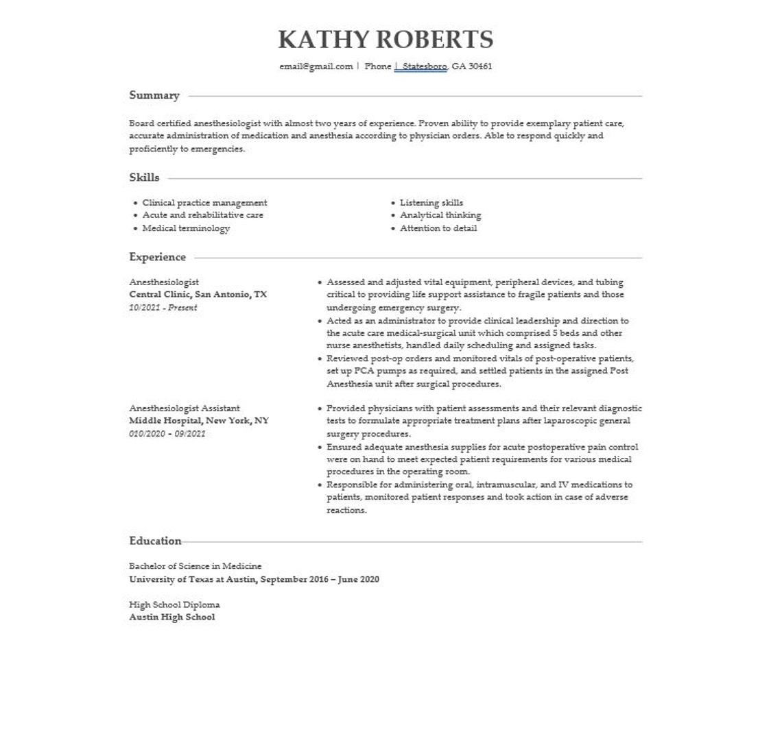 Anesthesiologist Basic Resume Template Word Basic Resume and - Etsy
