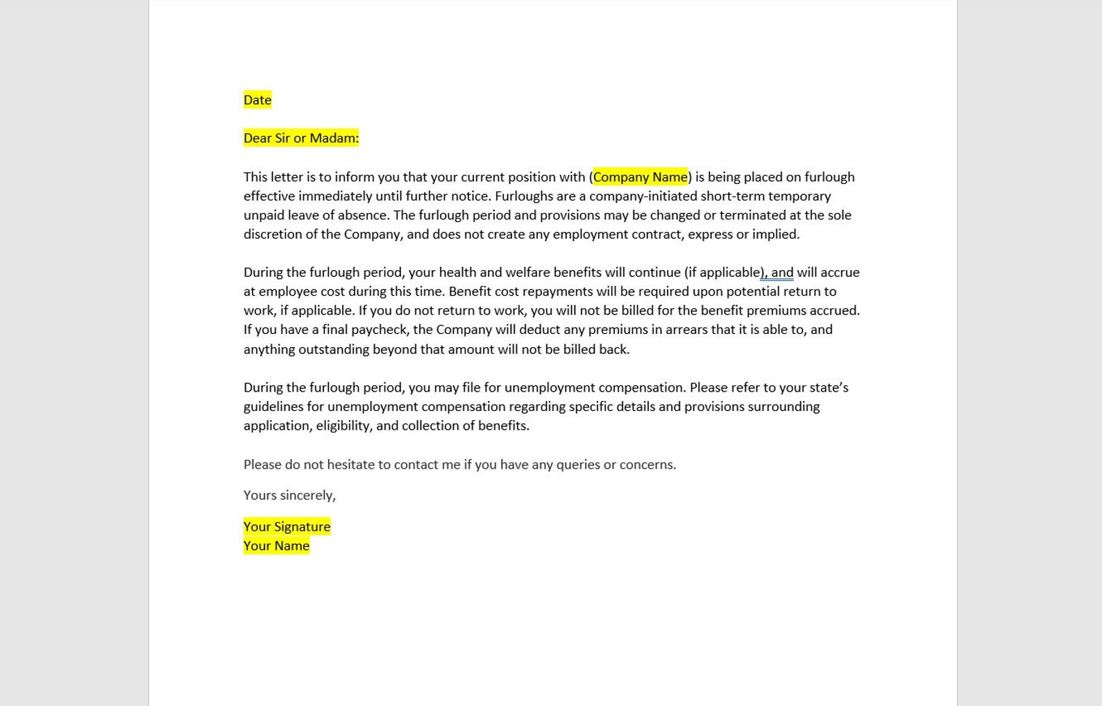 Furlough Letter Template, Furlough Letter, Employee Furlough, Employee ...